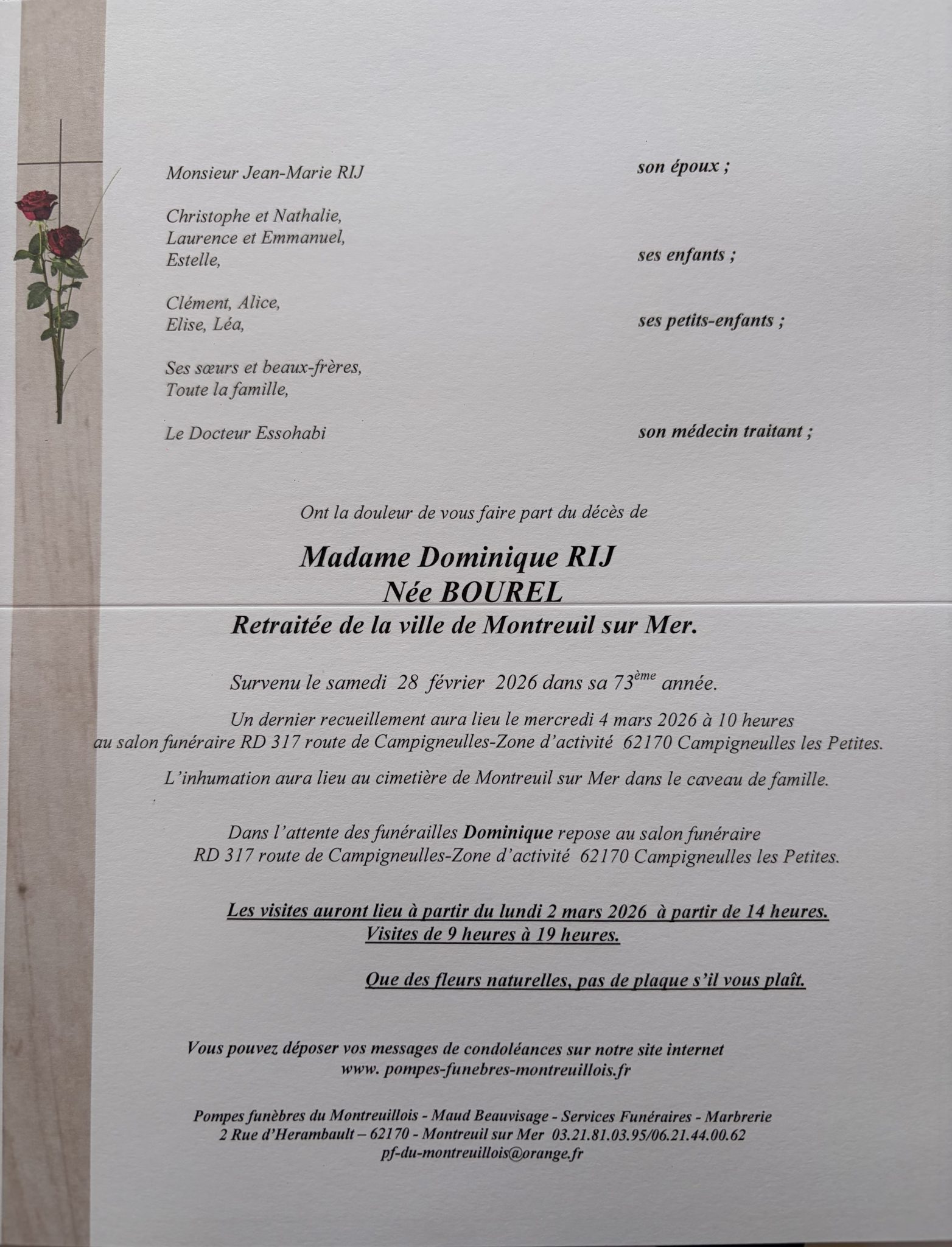 Madame Dominique RIJ Née BOUREL 1953-2026 - Pompes funèbres du ...